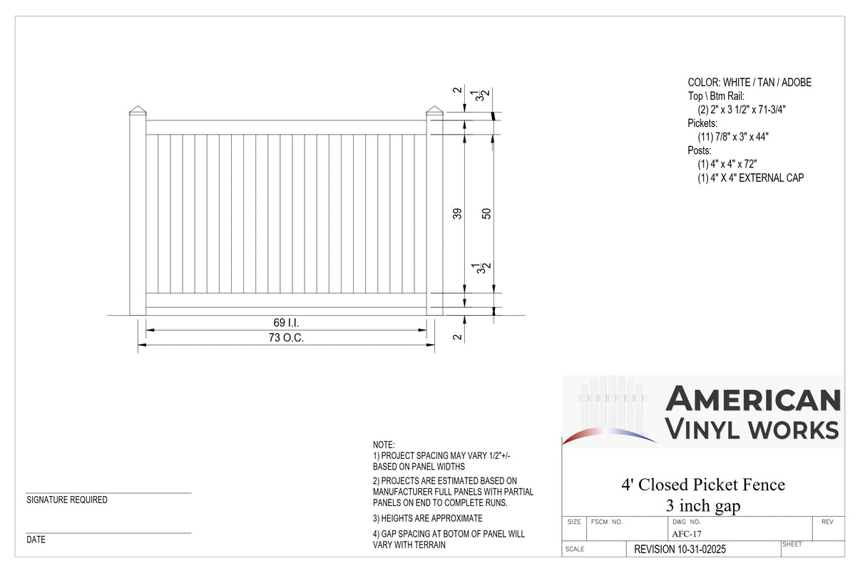 [75 Feet of Fence] 4' Tall Closed Picket AFC-17 Vinyl Complete Fence P ...